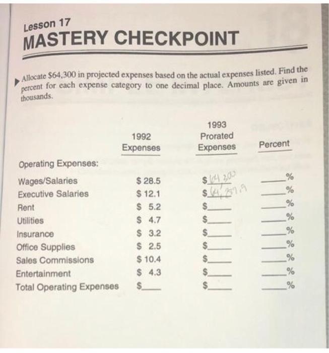 Solved Lesson 17 MASTERY CHECKPOINT Allocate $64,300 in | Chegg.com