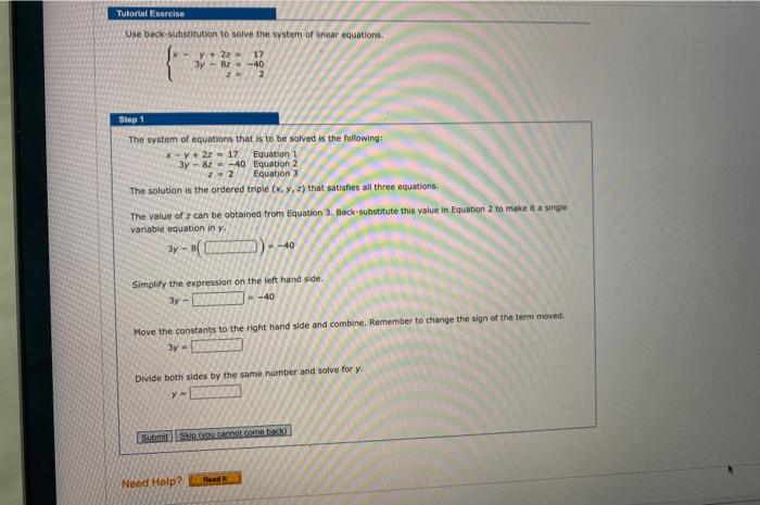 Solved Tutorial Exercise Use back-substitution to solve the | Chegg.com Solved Tutorial Exercise Use back-substitution to solve the | Chegg.com