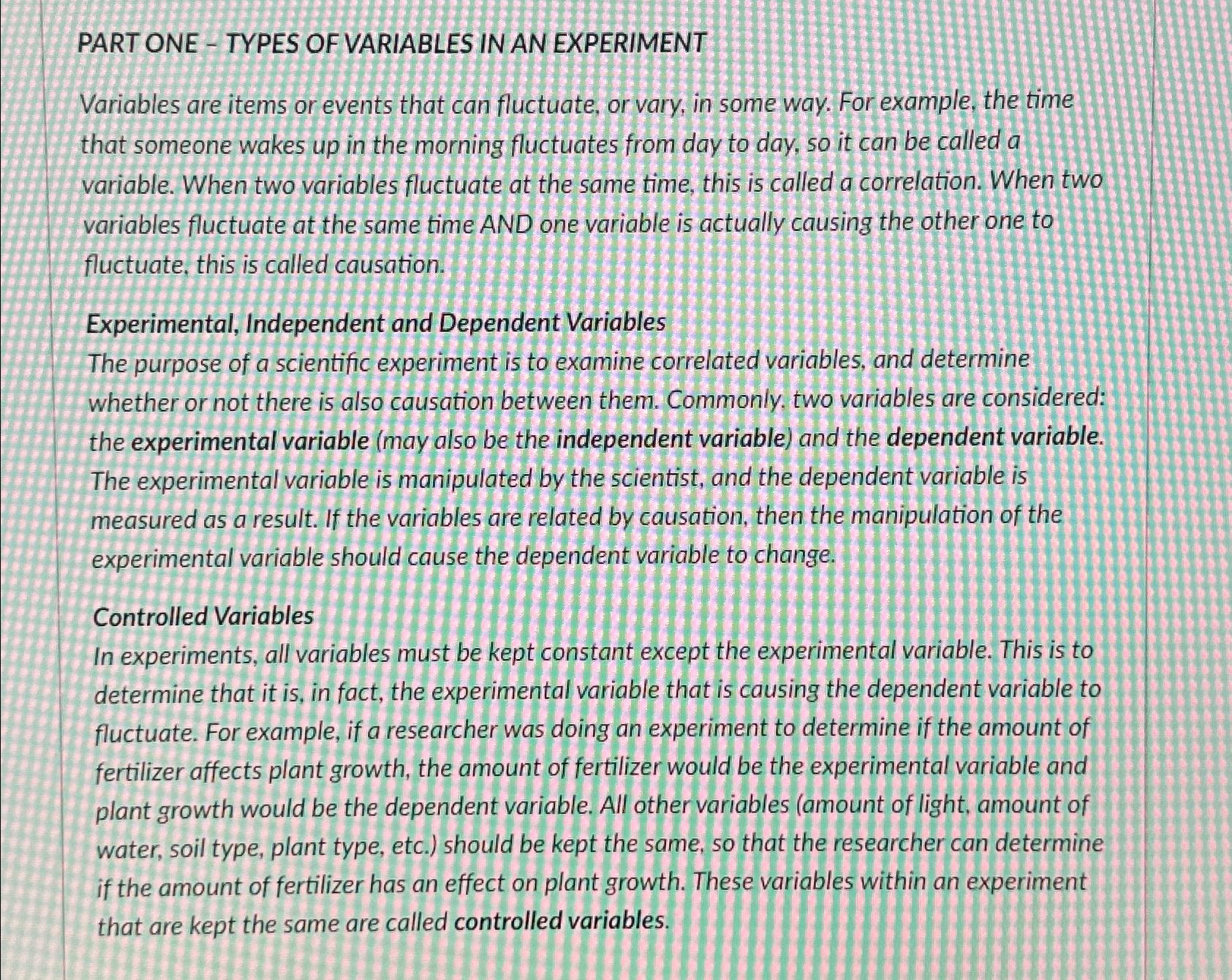 Solved PART ONE - ﻿TYPES OF VARIABLES IN AN | Chegg.com
