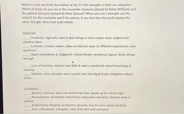 Below is a list and brief description of the 24 VIA | Chegg.com