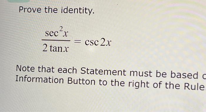 Solved Prove the identity. sec²x 2 tanx P csc 2x Note that | Chegg.com