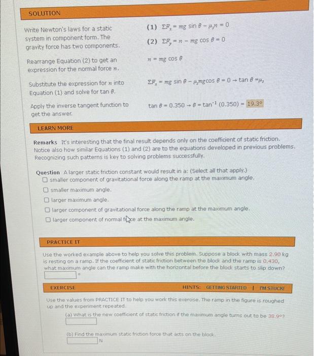 Solved (1) ΣFx=mgsinθ−μyn=0 Write Newton's laws for a static | Chegg.com