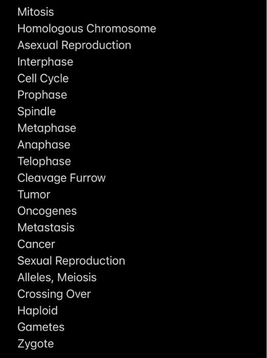 Solved Mitosis Homologous Chromosome Asexual Reproduction | Chegg.com