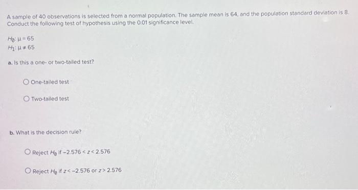 Solved A sample of 40 observations is selected from a normal | Chegg.com