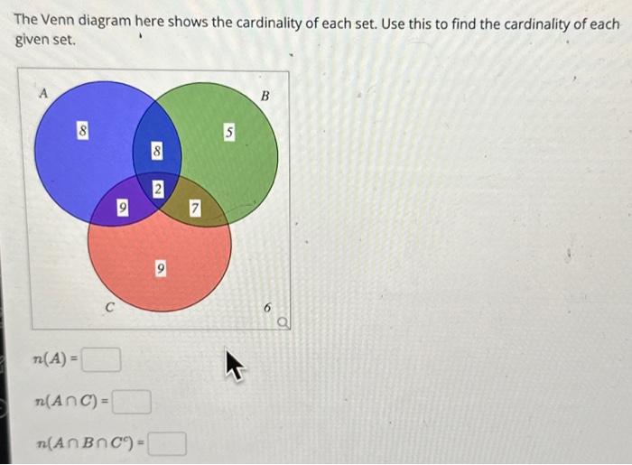 Solved The Venn diagram here shows the cardinality of each | Chegg.com