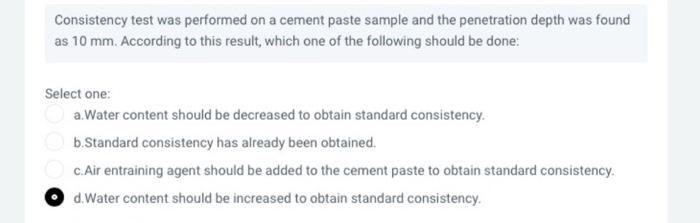 Solved Consistency test was performed on a cement paste | Chegg.com