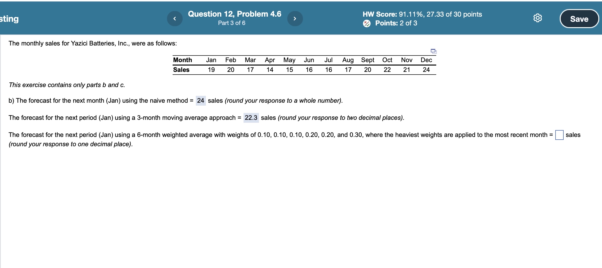 Solved Question 12, ﻿Problem 4.6HW Score: 91.11%,27.33 ﻿of | Chegg.com