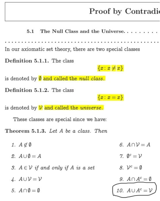 Solved Proof by Contrad 5.1 The Null Class and the Universe. | Chegg.com