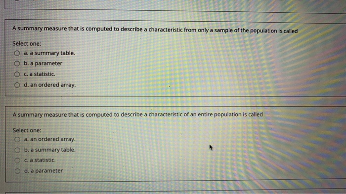Solved A summary measure that is computed to describe a | Chegg.com
