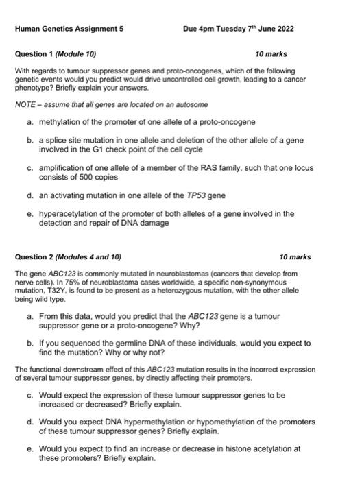 Solved Human Genetics Assignment 5 Due 4pm Tuesday 7th June | Chegg.com