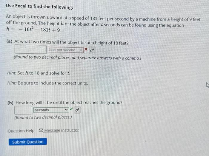 Solved Use Excel to find the following: An object is thrown | Chegg.com