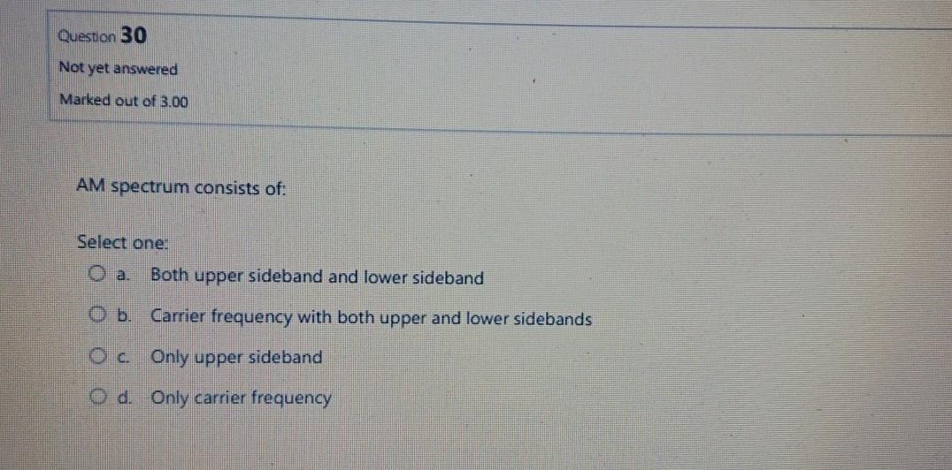 Solved AM spectrum consists of: Select one: a. Both upper | Chegg.com