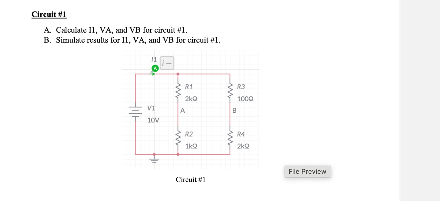Solved Circuit #1A. ﻿Calculate I1, ﻿VA, ﻿and VB for circuit | Chegg.com