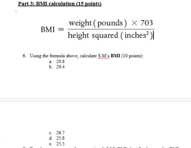 Using the formula above, calculate S.M's BMI (10 | Chegg.com