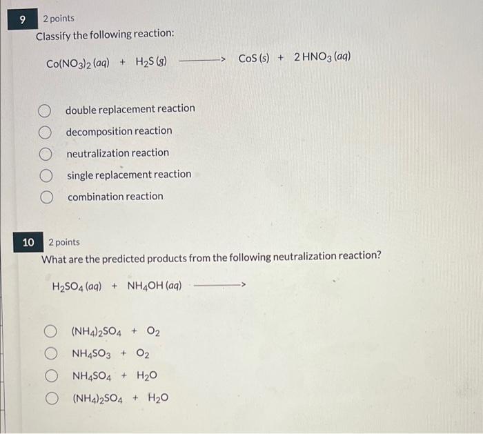 Solved 2 points Classify the following reaction: | Chegg.com