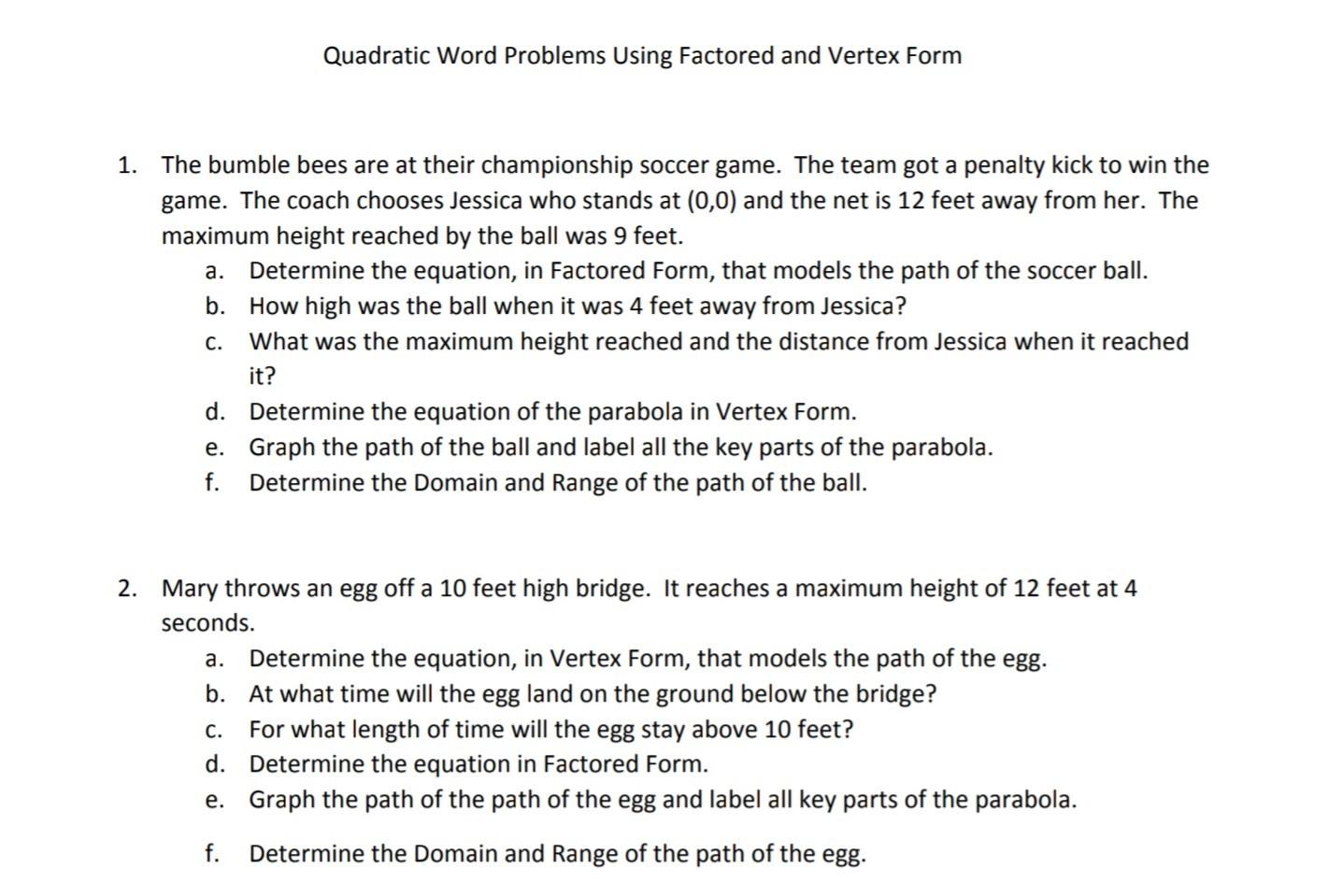 Solved Quadratic Word Problems Using Factored and Vertex | Chegg.com