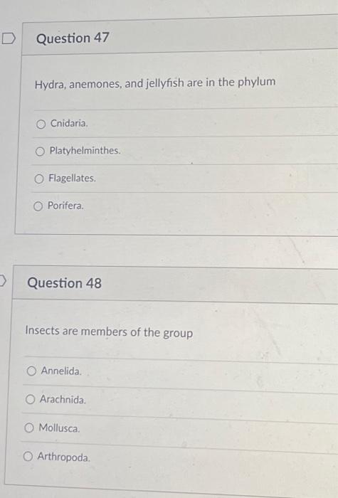 Solved Hydra, anemones, and jellyfish are in the phylum | Chegg.com