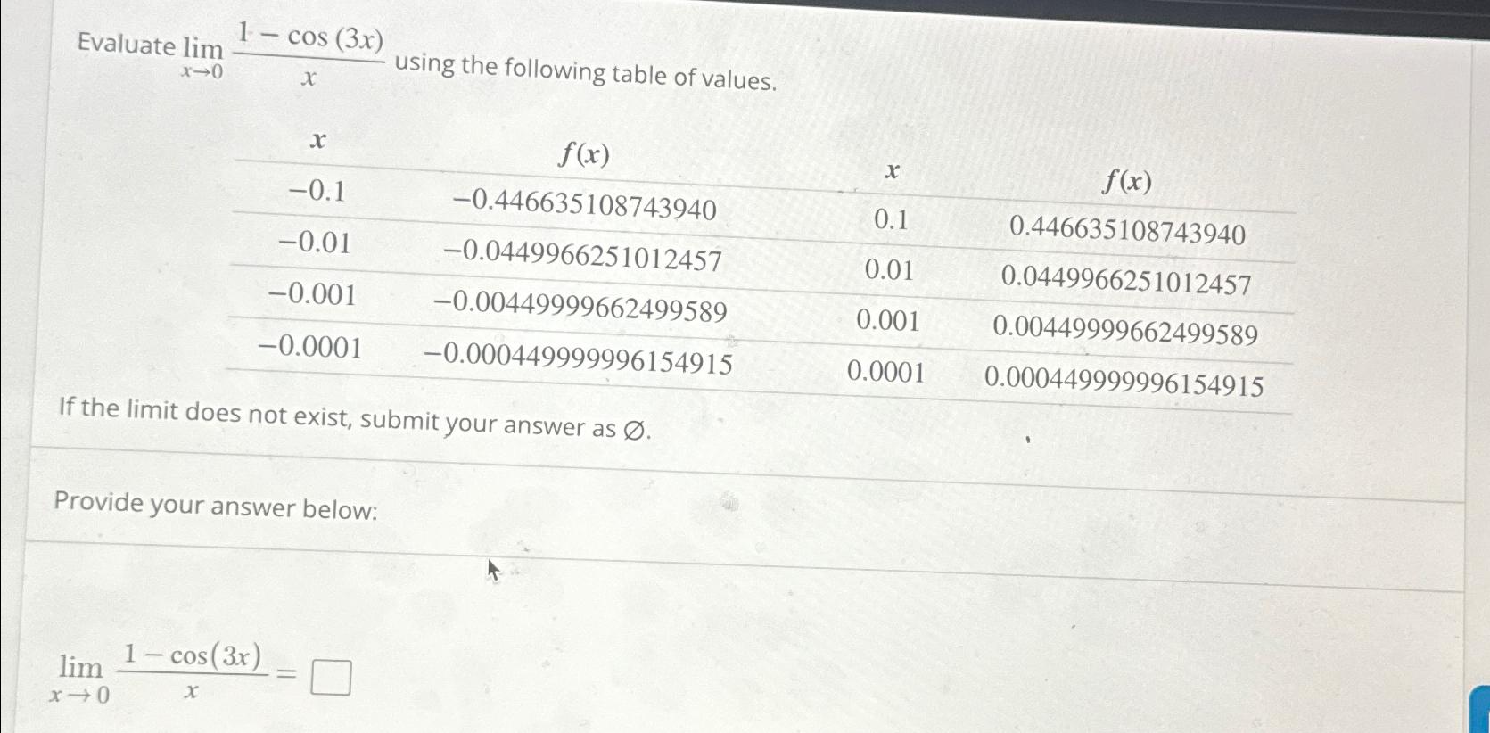 Solved Evaluate limx→01-cos(3x)x ﻿using the following table | Chegg.com