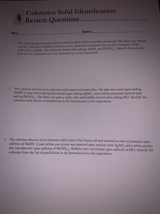 Unknown Solid Identification Review Questions Section | Chegg.com