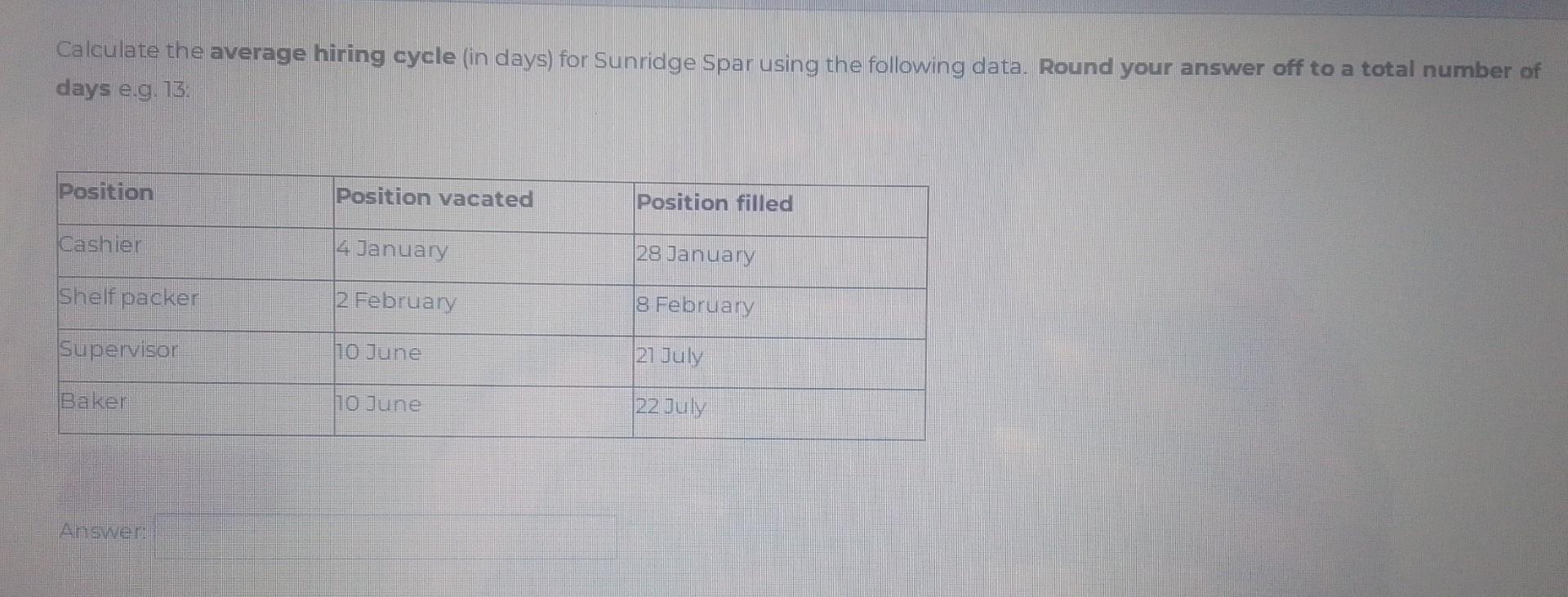 Solved Calculate the average hiring cycle (in days) for | Chegg.com