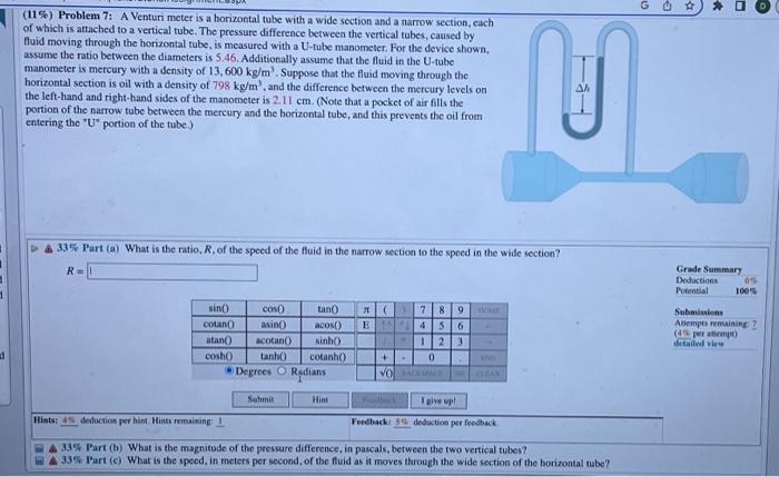 Solved (11\%) Problem 7: A Ventur meter is a horizontal tube | Chegg.com