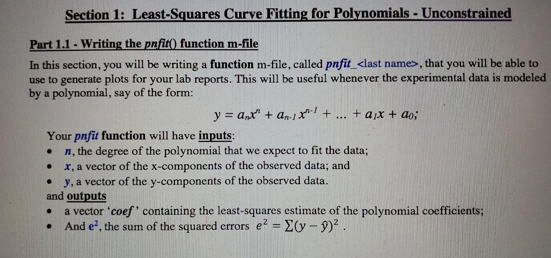 Solved Section 1: Least-Squares Curve Fitting for | Chegg.com