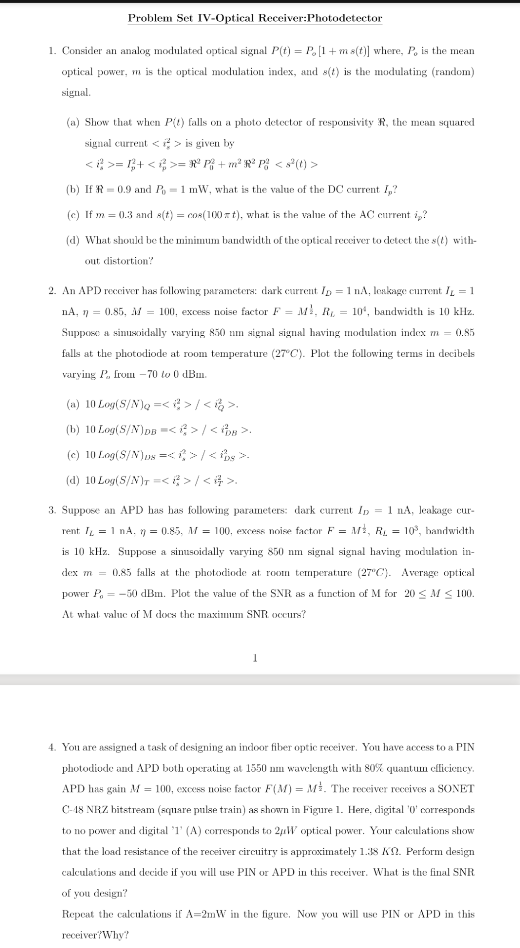 Solved 1 Consider An Analog Modulated Optical Signal