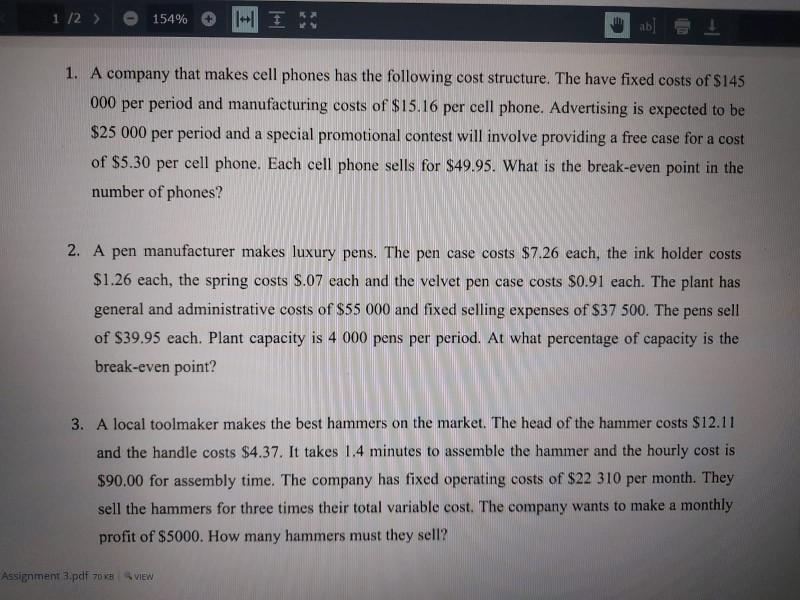 Solved 1 12> 154% itb) 1. A company that makes cell phones | Chegg.com