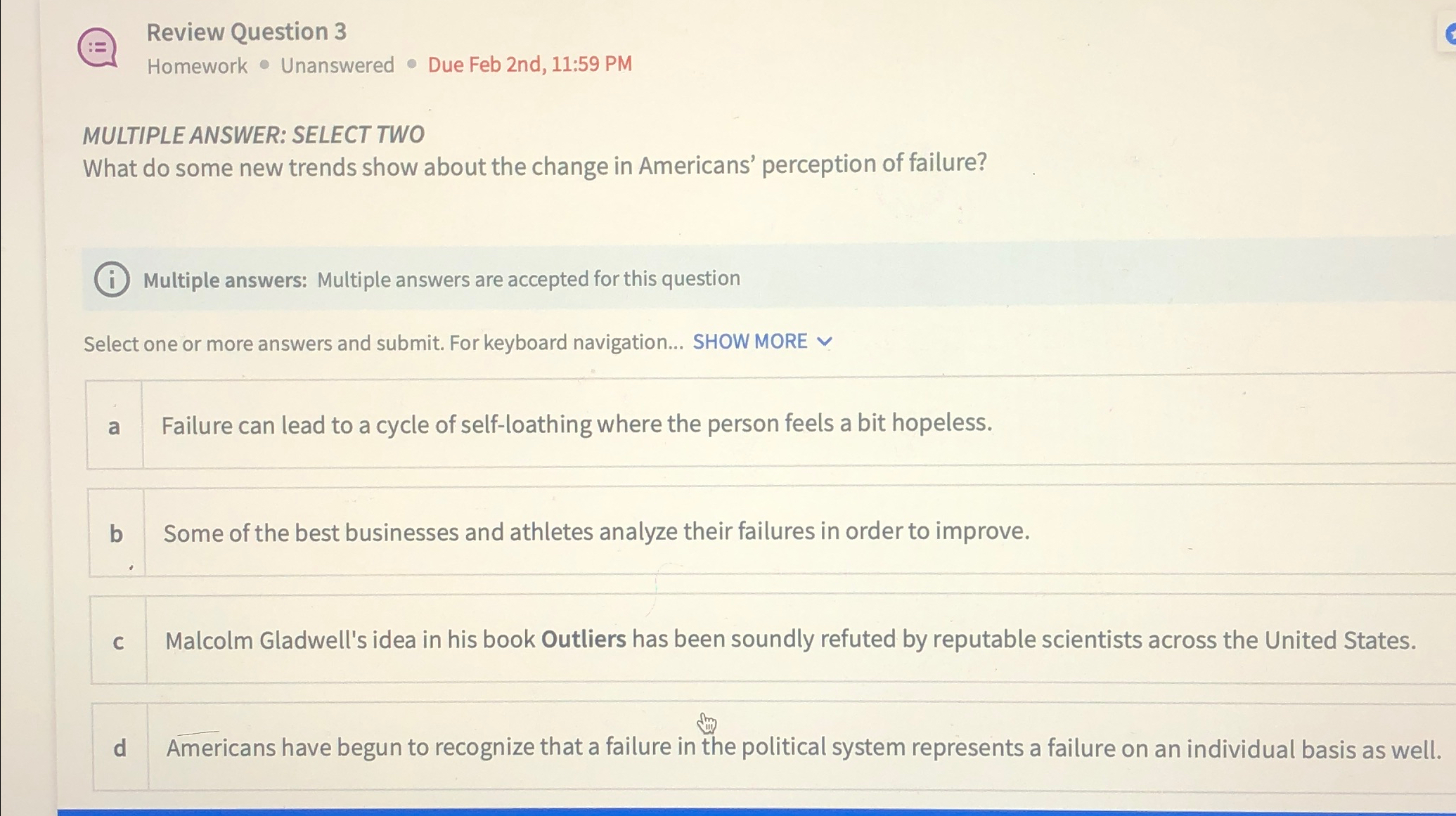 Solved Review Question 3Homework * ﻿Unanswered * ﻿Due Feb | Chegg.com