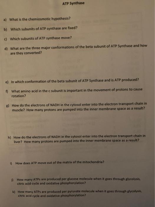 Solved ATP Synthase a) What is the chemiosmotic hypothesis? | Chegg.com