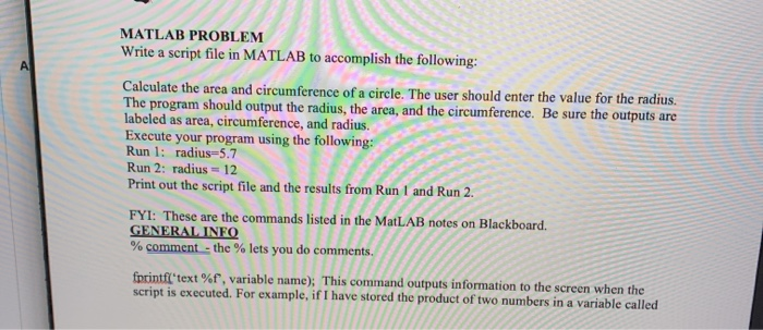 Solved А MATLAB PROBLEM Write a script file in MATLAB to | Chegg.com