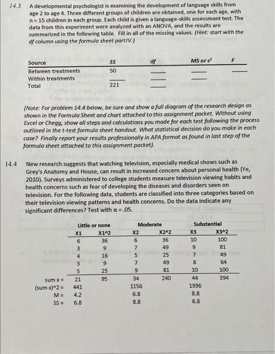 Solved 14.3 A developmental psychologist is examining the | Chegg.com