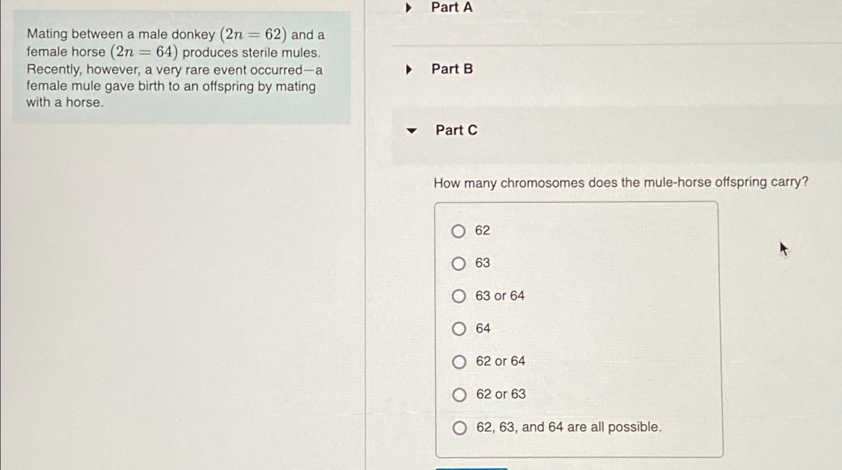 Solved Mating between a male donkey )=(62 ﻿and a female | Chegg.com