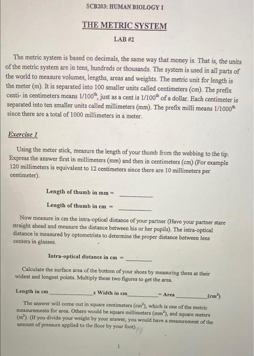 Solved SCB203: HUMAN BIOLOGY I THE METRIC SYSTEM LAB #2 The | Chegg.com