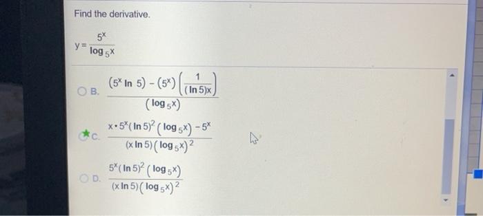 Solved Find the derivative. y = 5* log 5x ОВ. (s* in 5) - | Chegg.com