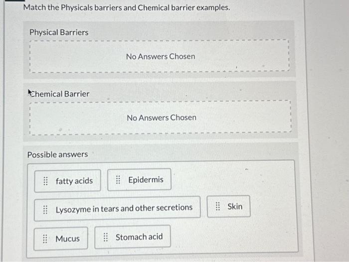 Solved Match the Physicals barriers and Chemical barrier | Chegg.com