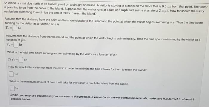 Solved An island is 2mi due north of its closest point on a | Chegg.com