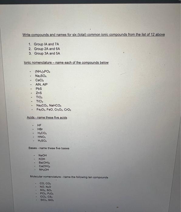 Solved Write compounds and names for six (total) common | Chegg.com