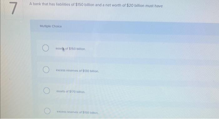 Solved A bank that has liabilities of $150 billion and a net | Chegg.com