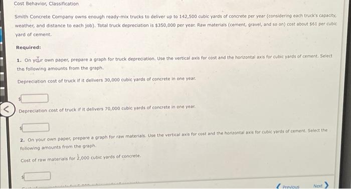 Solved Cost Behavior, Classification Smith Concrete Company | Chegg.com