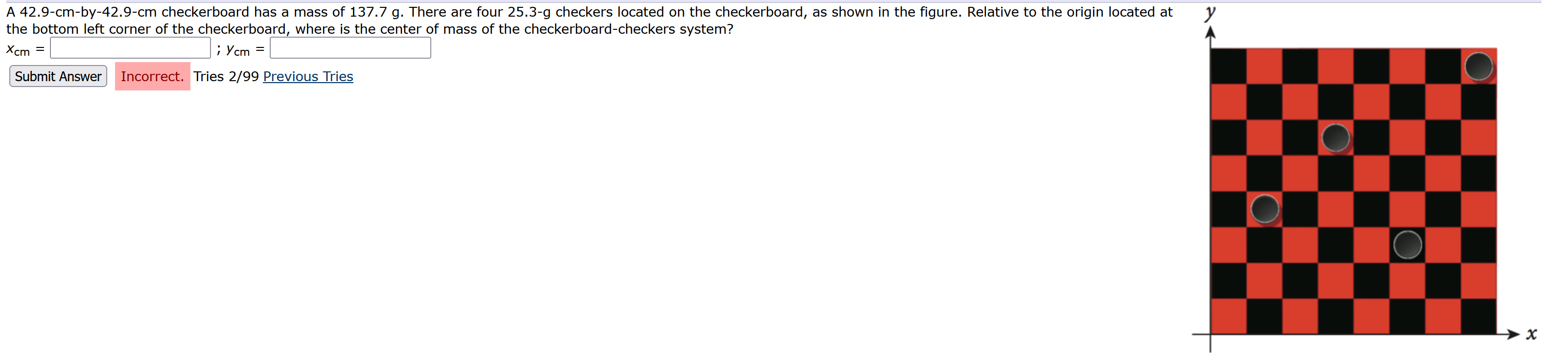 Solved A 42.9-cm- ﻿by -42.9-cm ﻿checkerboard has a mass of | Chegg.com