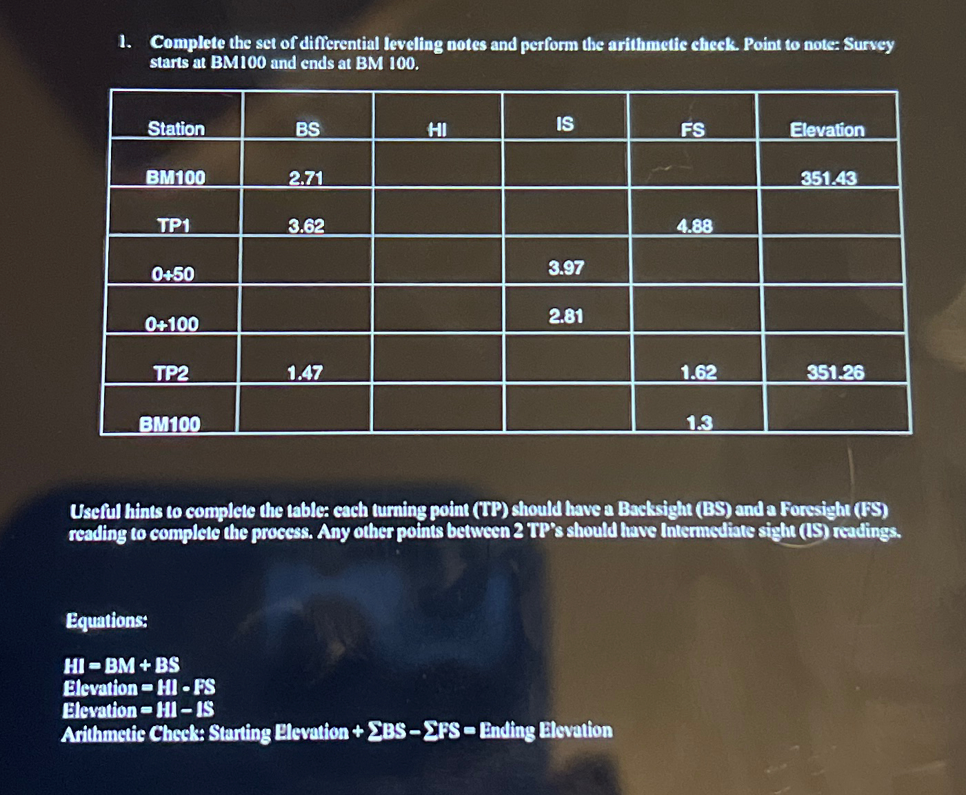 Solved Complete the following set of differential leveling | Chegg.com