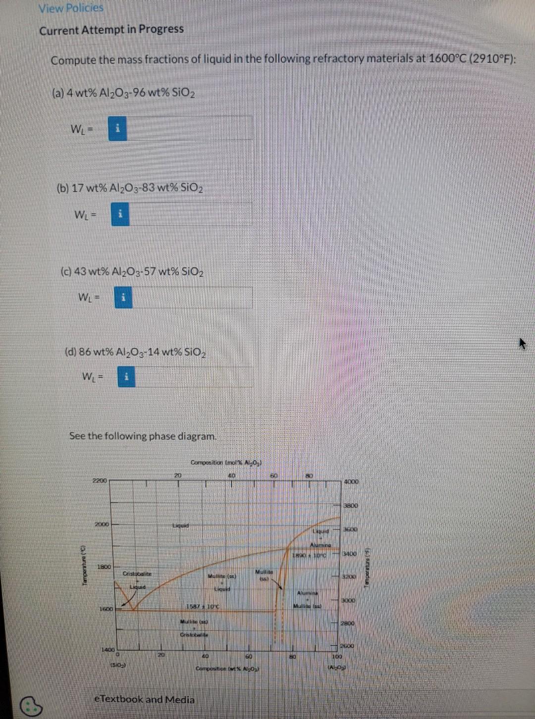 Solved (b) 17wt%Al2O3−83wt%SiO2 WL= i (c) 43 wt\% Al2O3−57 | Chegg.com