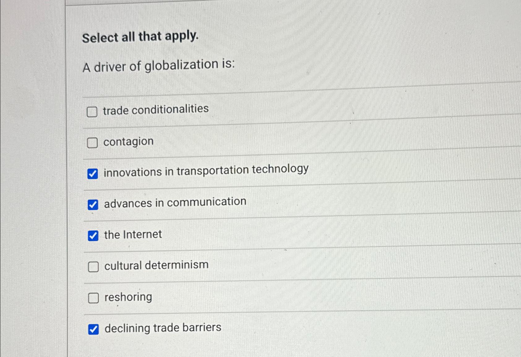 Solved Select all that apply.A driver of globalization | Chegg.com