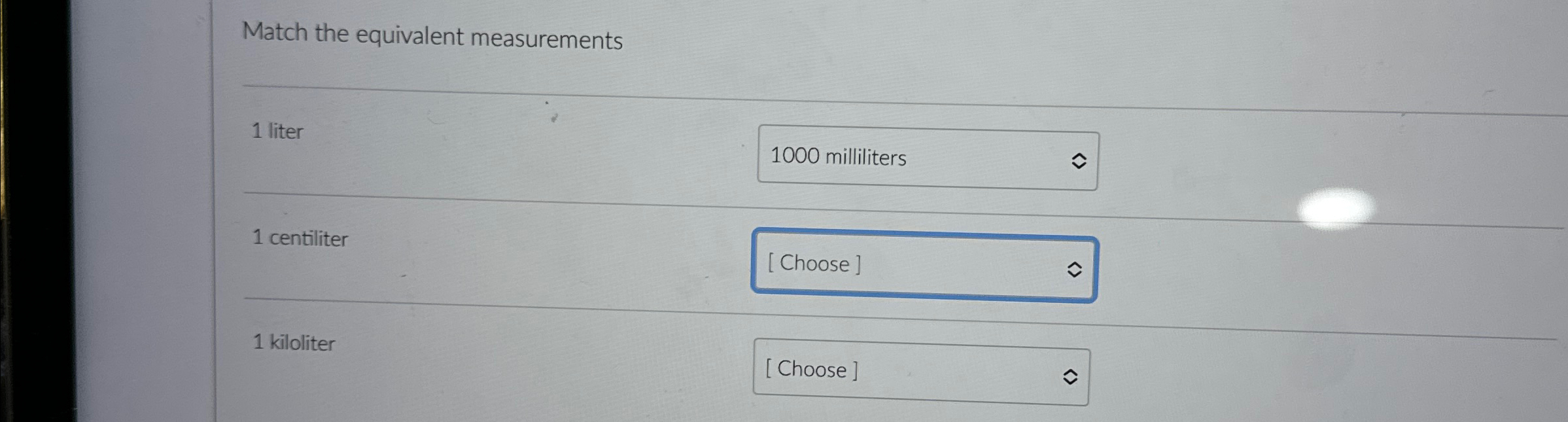 Match the equivalent measurements1 ﻿liter1 | Chegg.com