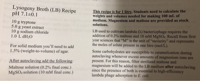 Solved Lysogeny Broth (LB) Recipe pH 7.1+0.1 10 g tryptone | Chegg.com