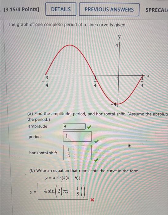 Solved The graph of one complete period of a sine curve is | Chegg.com