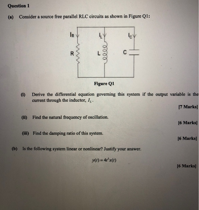 Solved Question 1 (a) Consider a source free parallel RLC | Chegg.com