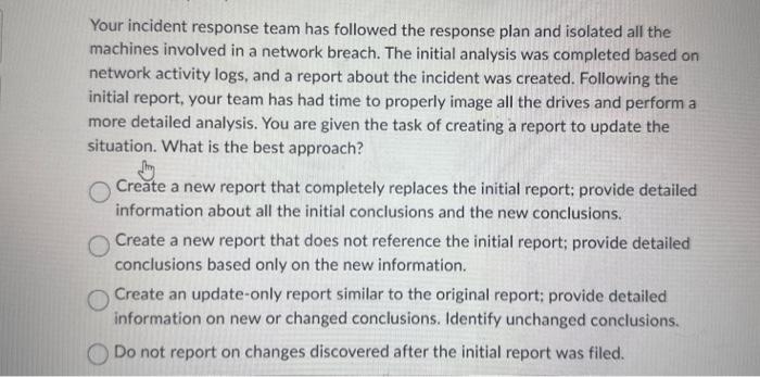 Solved Your incident response team has followed the response | Chegg.com