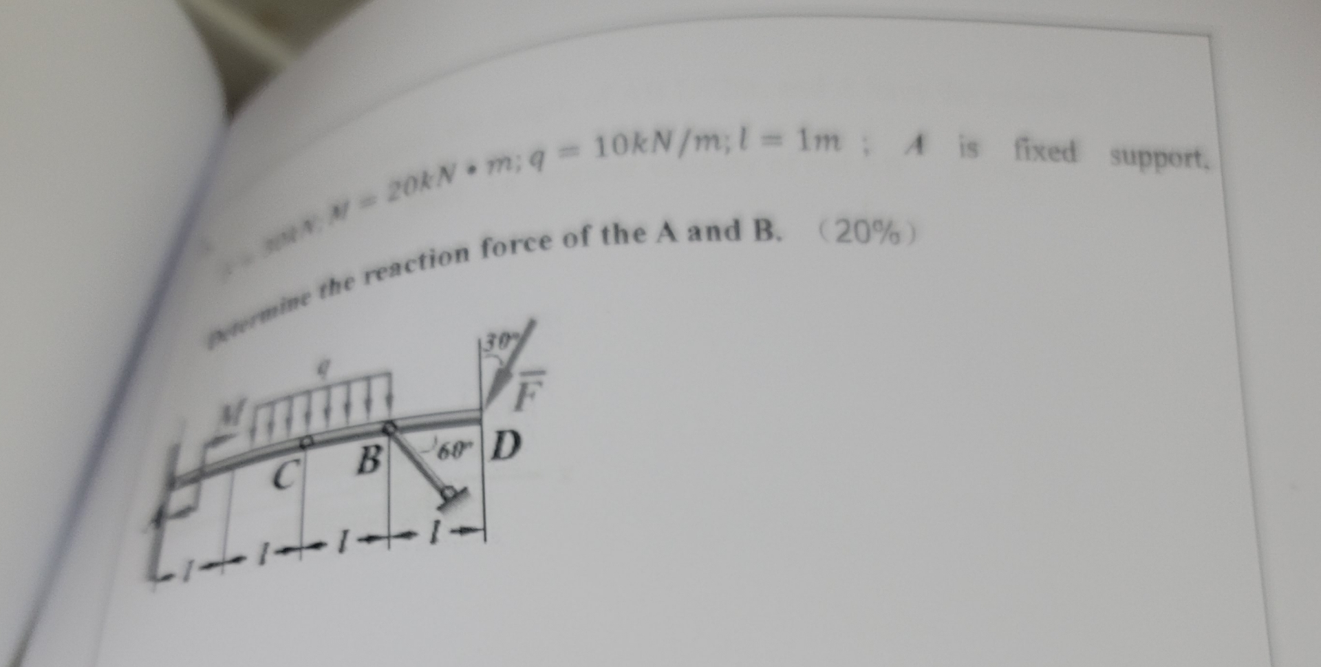 Solved F=30N . ﻿M=20kN*m . q=10kNm;l=1m;A ﻿is fixed | Chegg.com